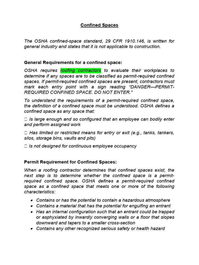 OSHA Confined Space - CFR 1910 | PDF | Occupational Safety And Health ...