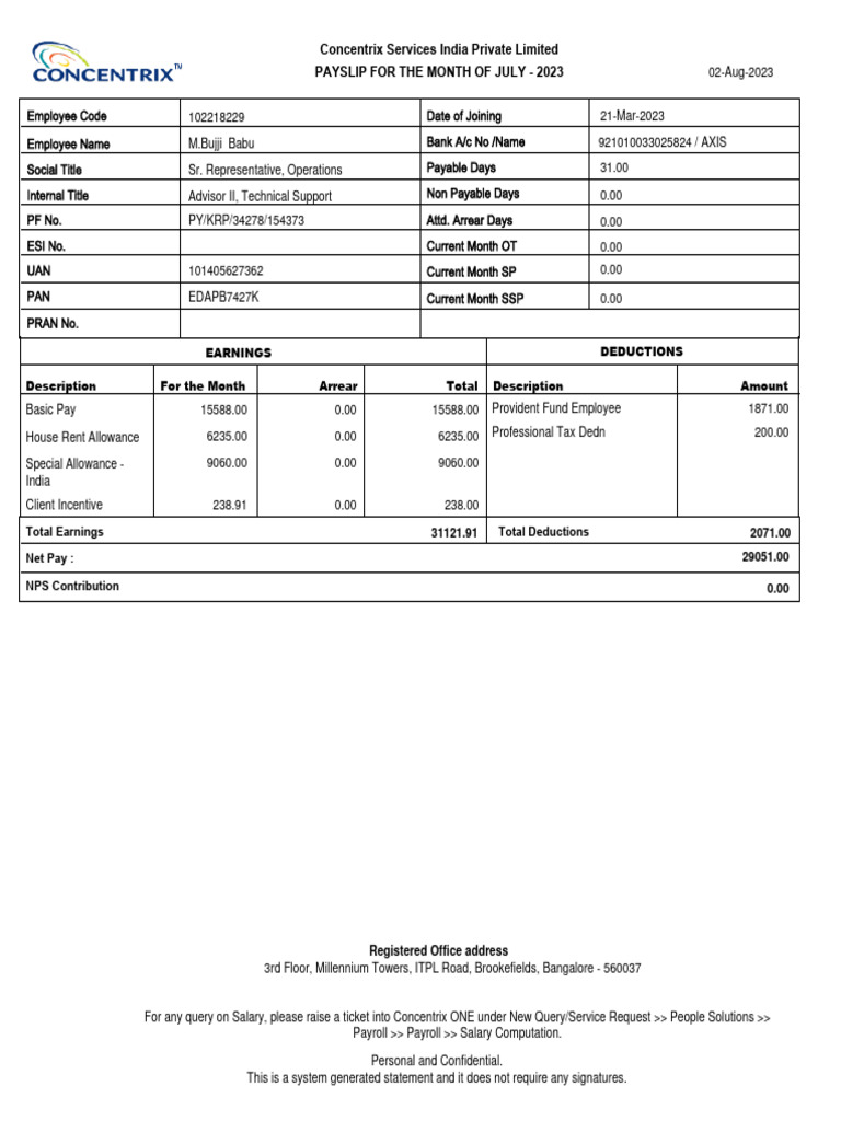 Concentrix Services India Private Limited Payslip For The Month of July ...
