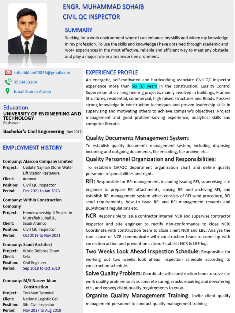 CV-Engr Muhammad Sohaib Civil QC Inspector | PDF | Concrete ... CV-Engr Muhammad Sohaib Civil QC Inspector | PDF | Concrete ...