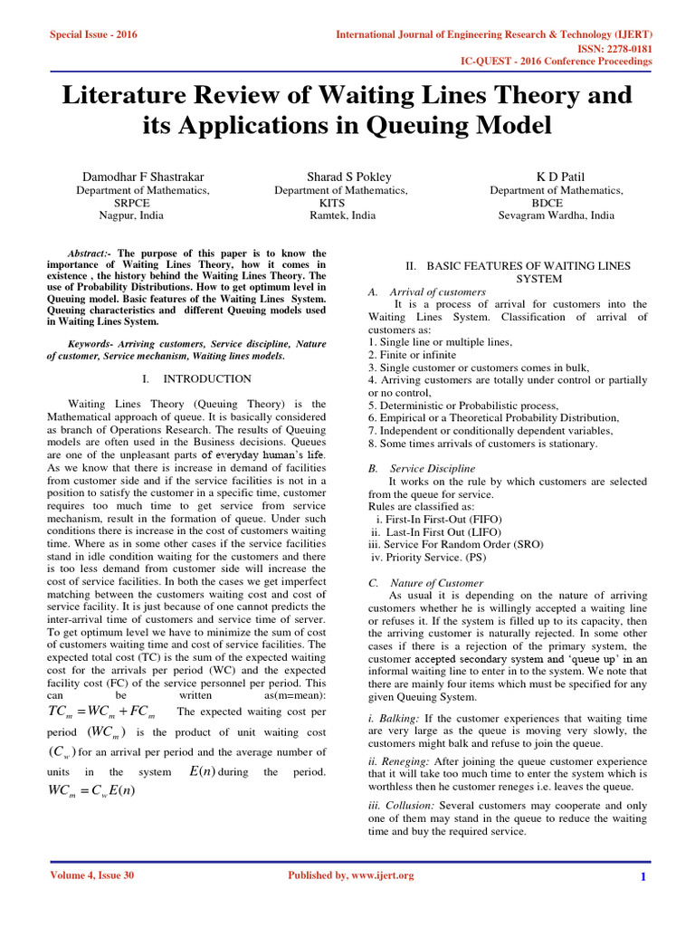 Literature Review of Waiting Lines Theory and Its Applications in ...
