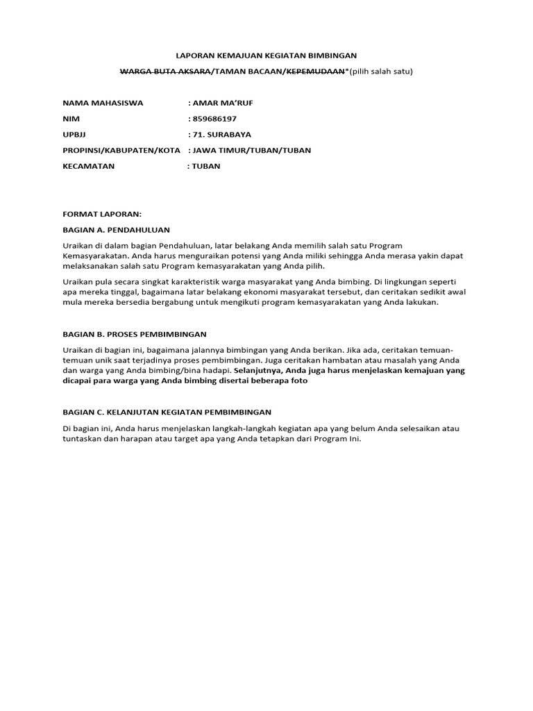 Format Laporan Kemajuan Kegiatan Bimbingan | PDF