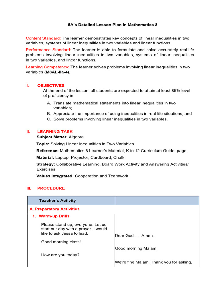 5as LESSON PLAN FARRAH | PDF | Equations | Variable (Mathematics)