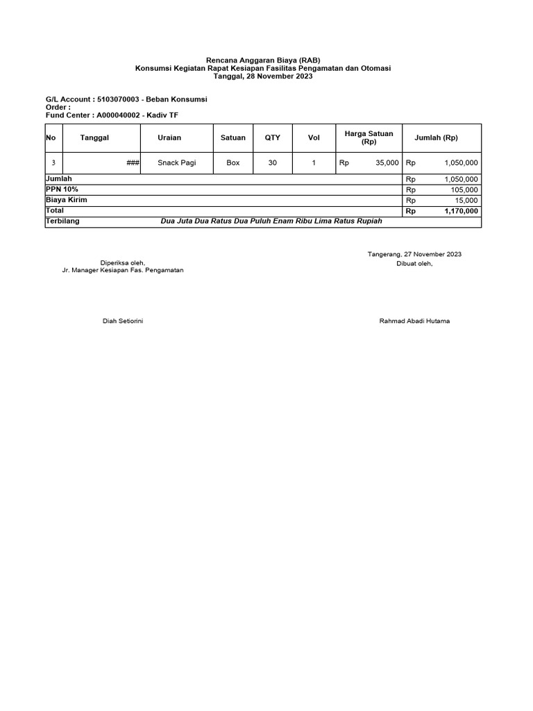 RAB Konsumsi Rapat Eksternal | PDF
