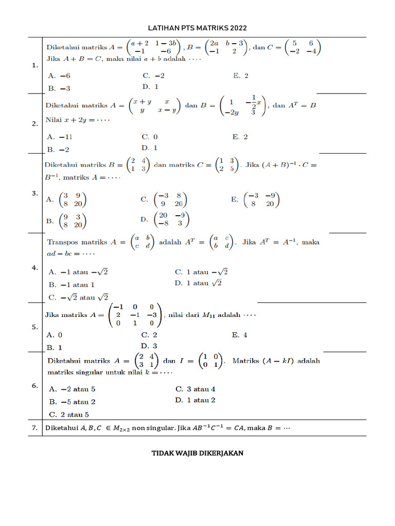 Latihan PTS Matriks 2022 | PDF