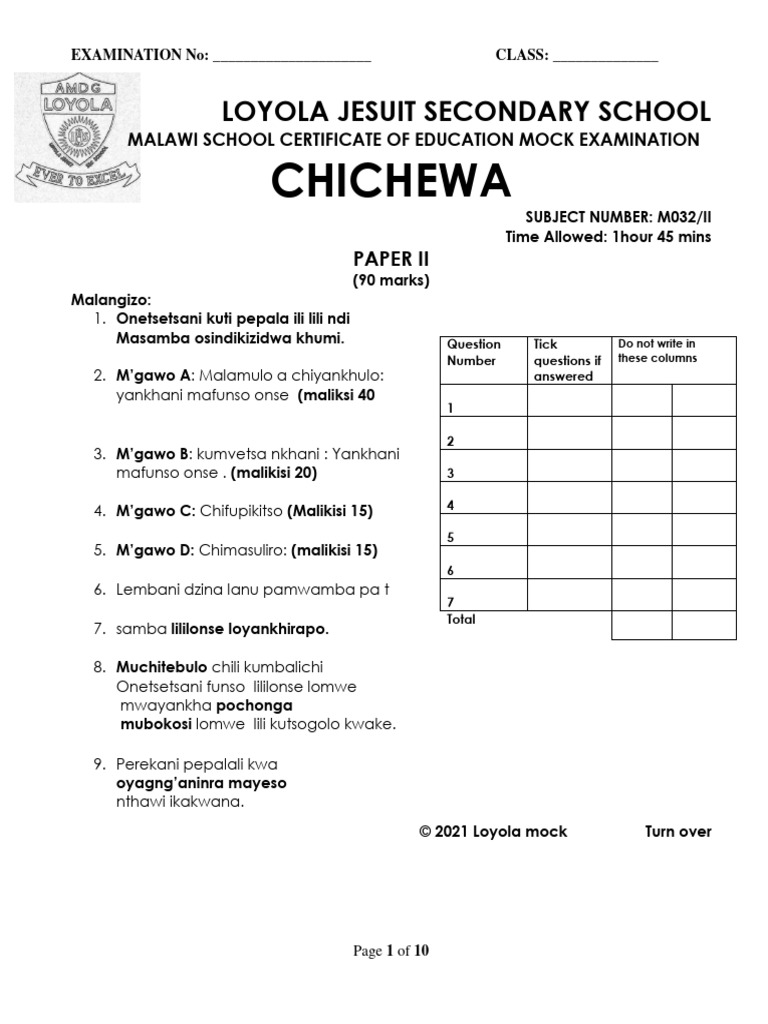 2021 MSCE Chichewa II Loyola | PDF | Marriage, Unions And Partnerships | Marriage