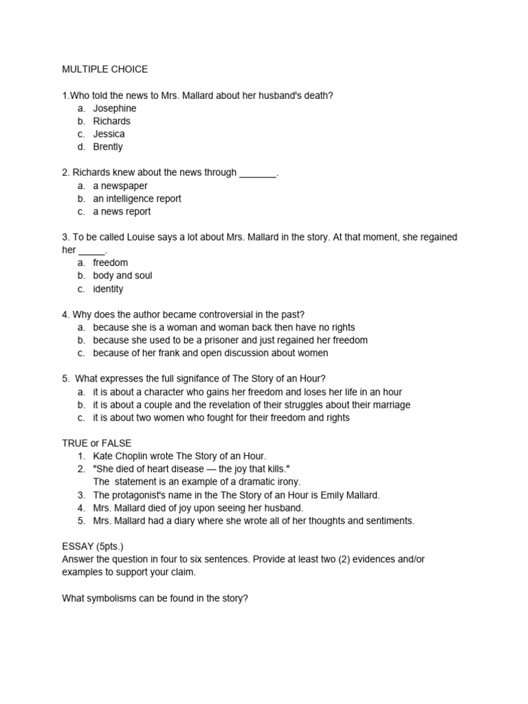 The Story of An Hour Test Items | PDF