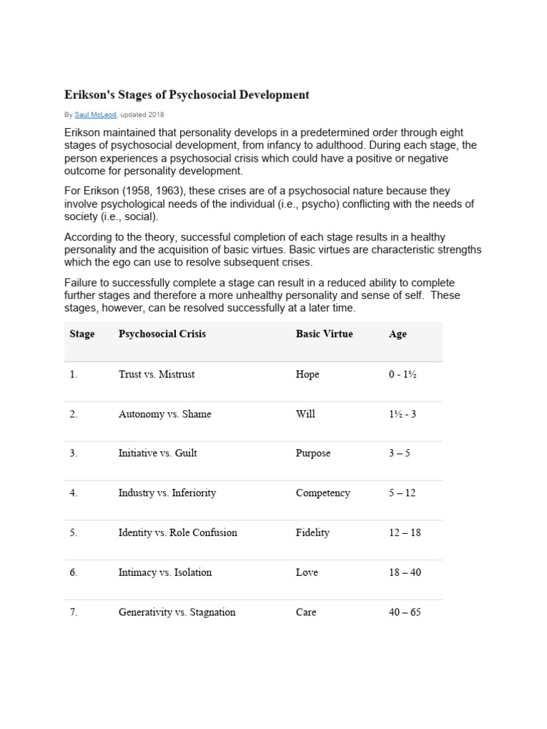 Erikson's Psychosocial Development Stages | PDF | Psychology ...