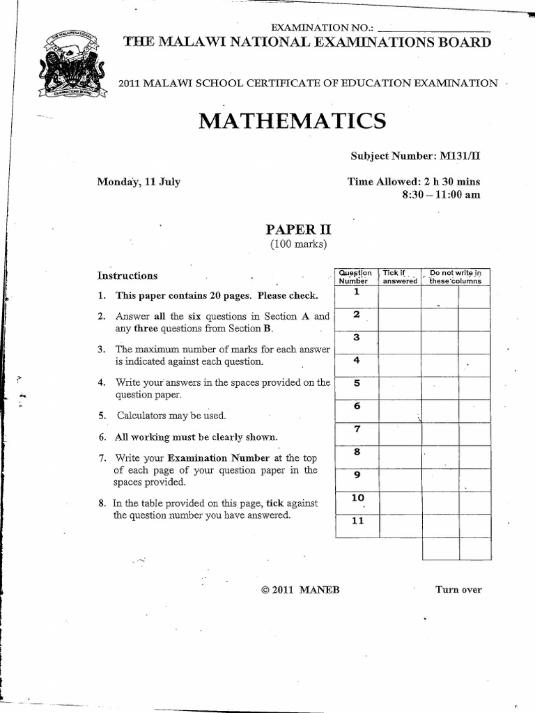 2011msce Math Paper | PDF