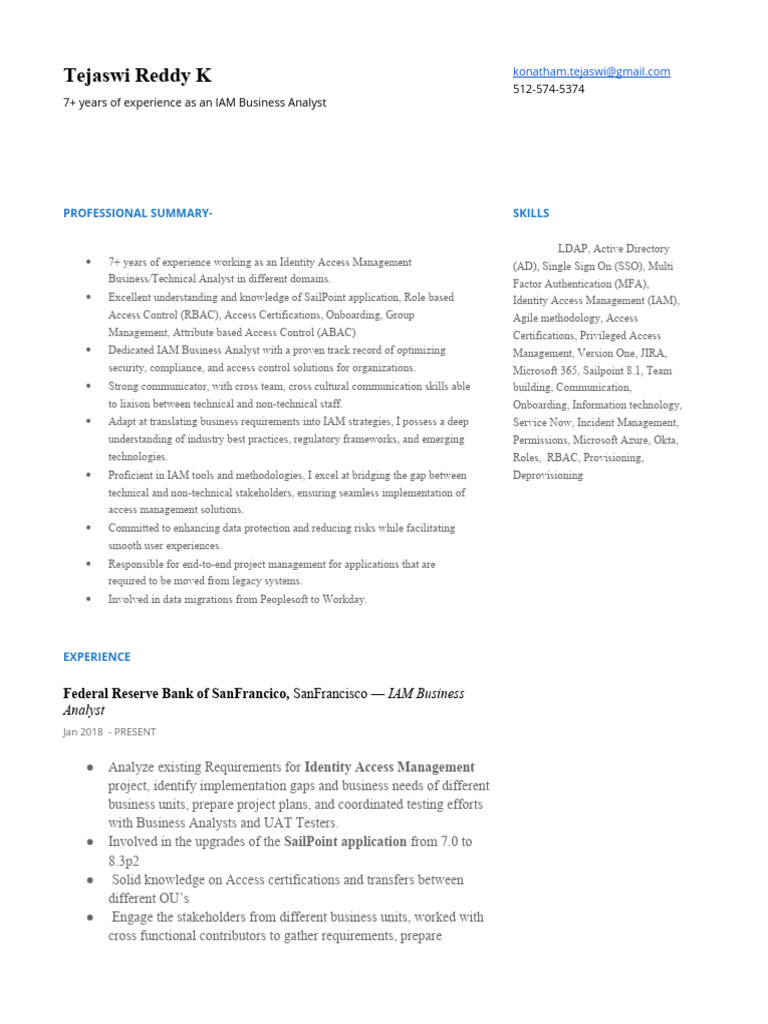 Tejaswi IAM BA Resume | PDF | Computing | Information Technology