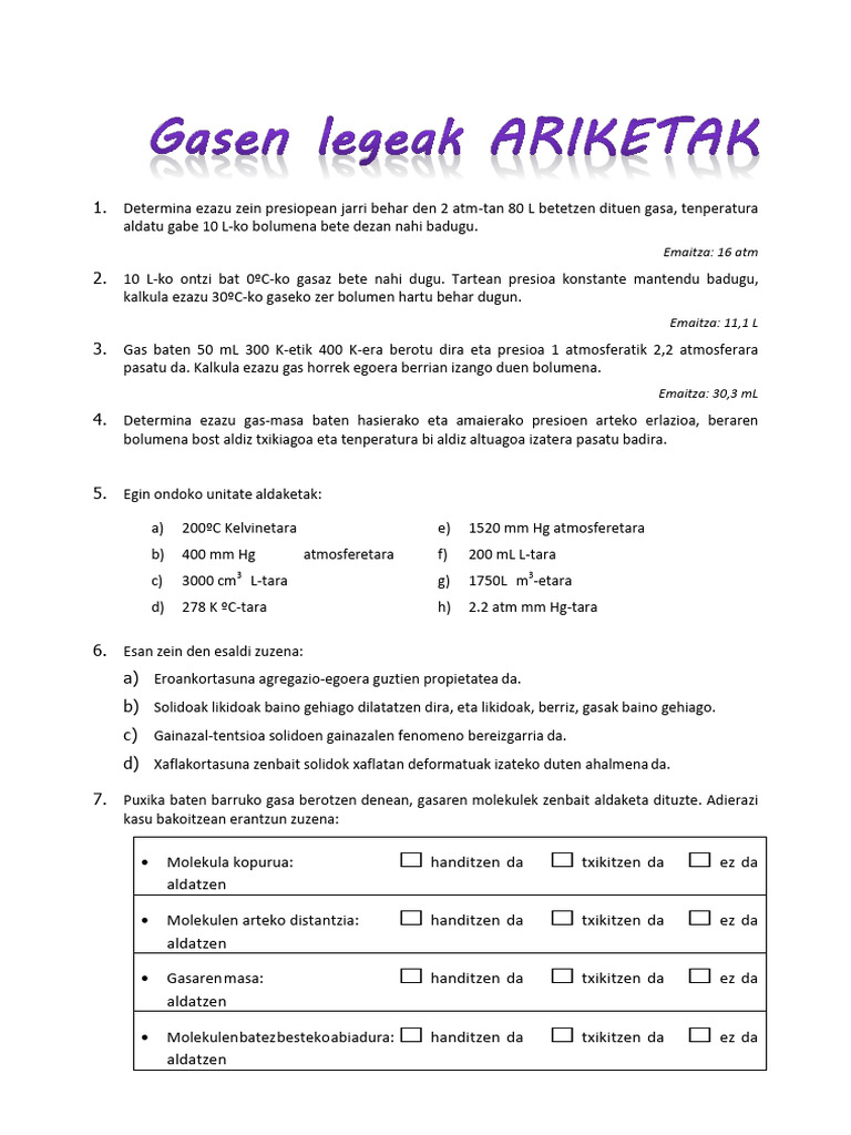 Gasen Legeak ARIKETAK Ikasleentzat | PDF