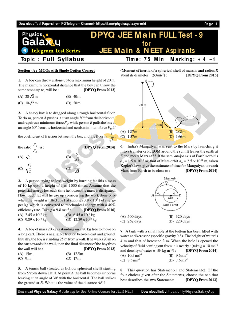 JEE Main DPYQ Full Syllabus PAPER-9 | Download Free PDF | Gases | Orbit