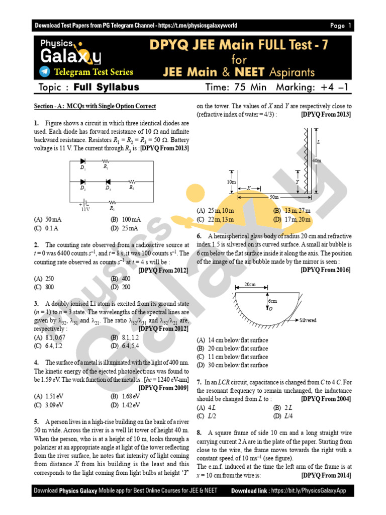 JEE Main DPYQ Full Syllabus PAPER-7 | PDF | Force | Rotation Around A Fixed Axis