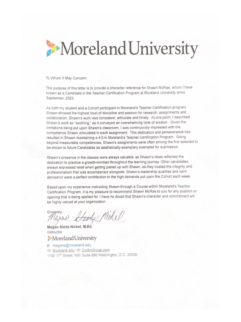 Shawn Mcrae Letter - Megan Steitz Module 5 | PDF