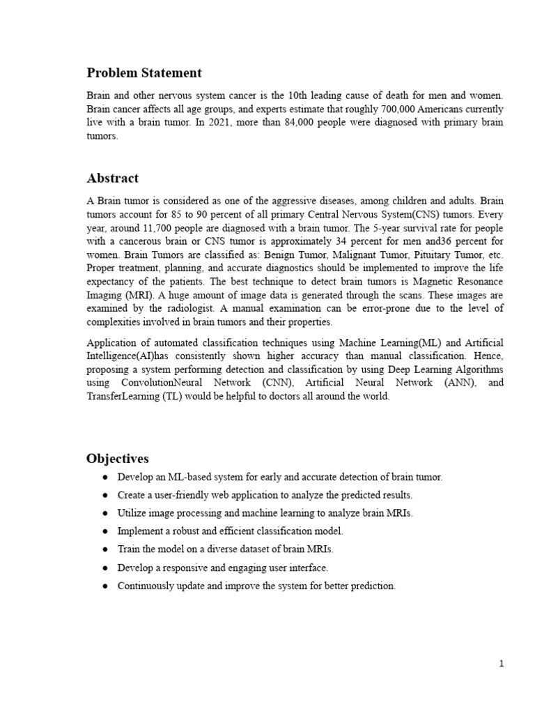 Synopsis Brain Tumor | PDF | Brain Tumor | Machine Learning Synopsis Brain Tumor | PDF | Brain Tumor | Machine Learning