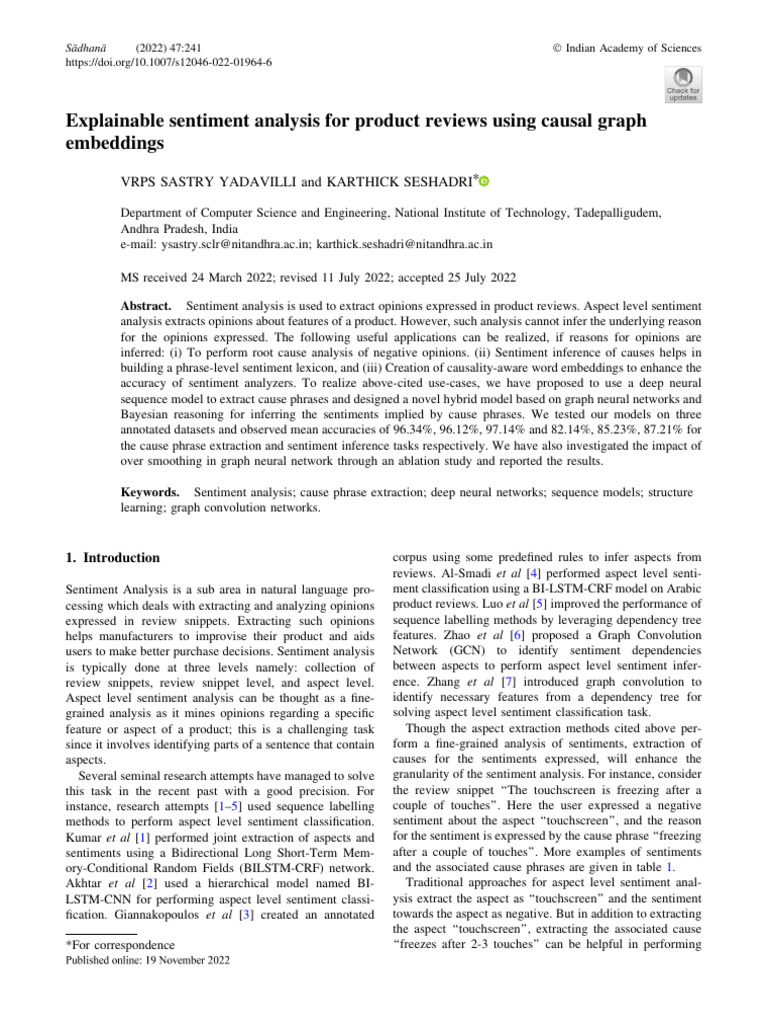 Explainable Sentiment Analysis For Product Reviews Using Causal Graph Embeddings | PDF ...