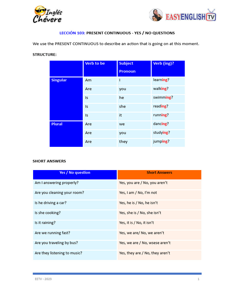 LECCIÓN 104 - PRESENT CONTINUOUS - YES-NO QUESTIONS - EETV | PDF ...