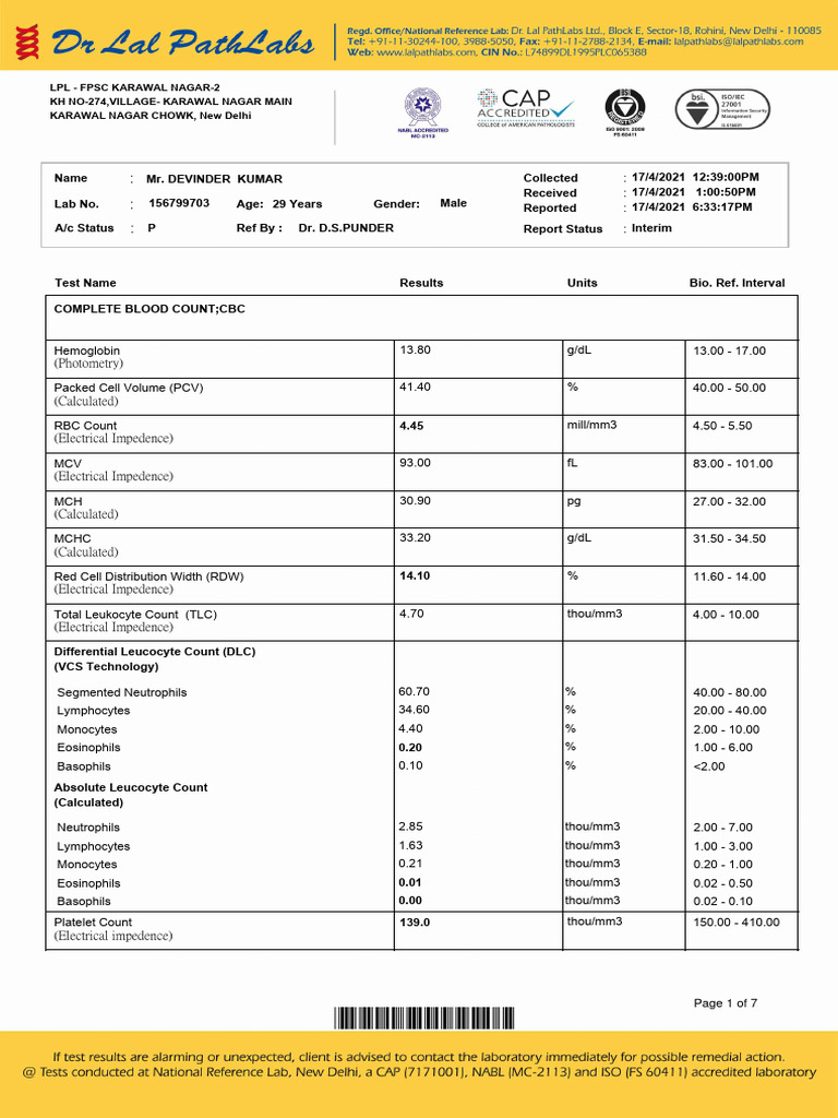 Full Body Report | PDF | White Blood Cell | Clinical Medicine