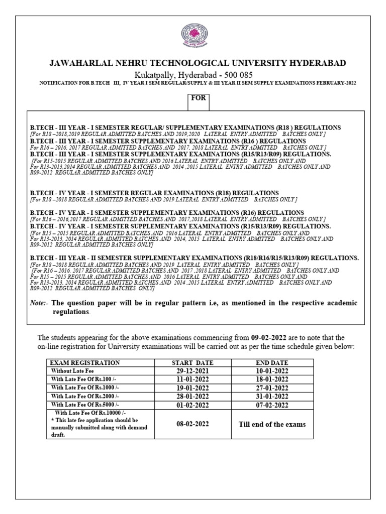 Jntuh Exam Notification Feb 2022 | PDF
