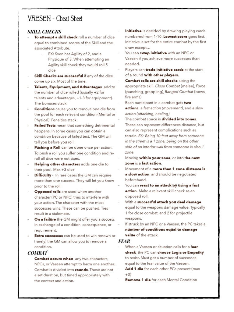 Vaesen Cheat Sheet | PDF | Tabletop Games | Entertainment