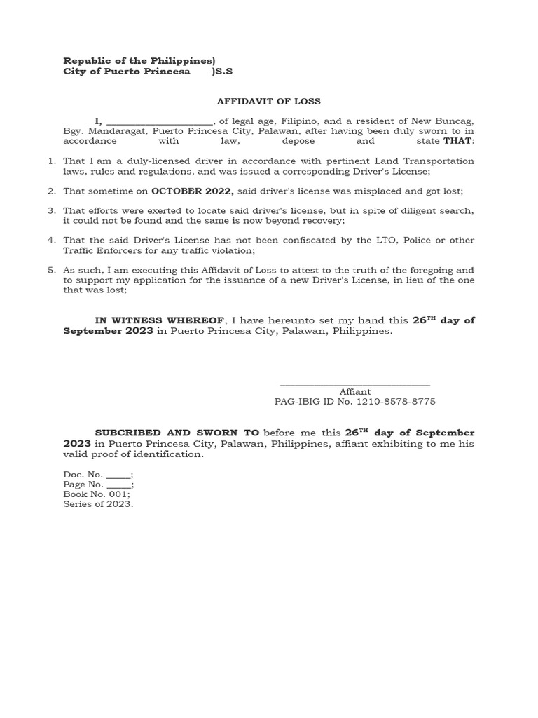 Affidavit of Loss of Drivers License | PDF