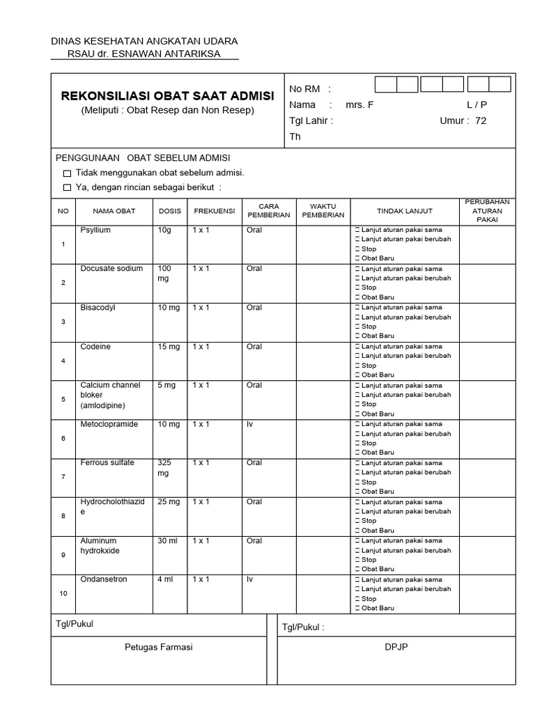 Rekonsiliasi-Obat-Saat-Admisi, Contoh | PDF