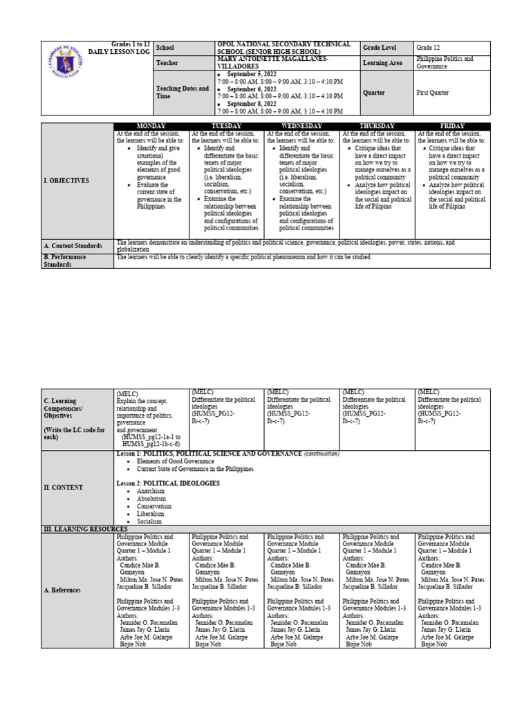 DLL PPG 1st Sem Week 2 | PDF | Teachers | Governance