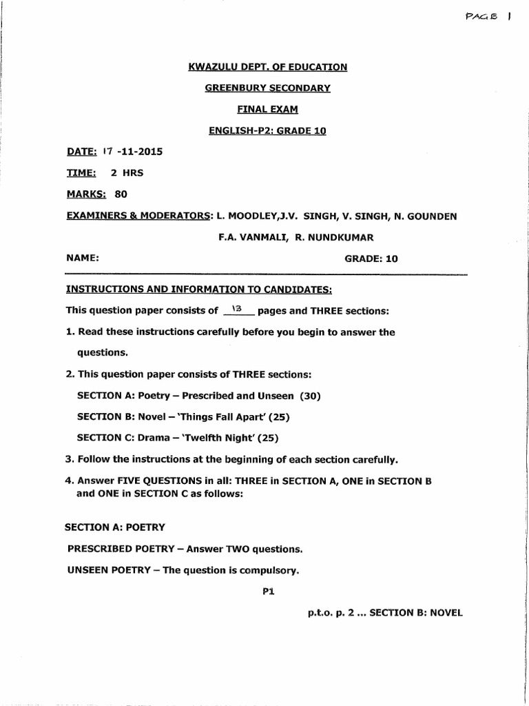 Nov 2015 Eng P2 QP Memo 1 | PDF