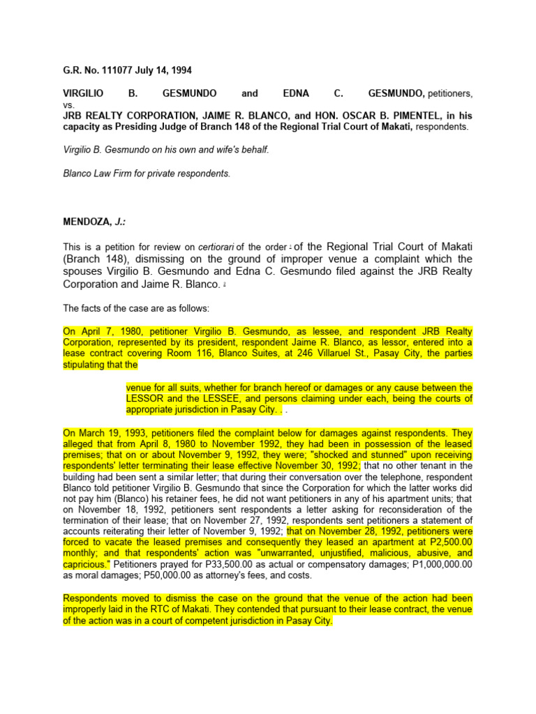 Gesmundo vs. JRB Realty Corporation | PDF | Lease | Lawsuit