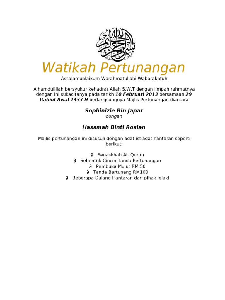 Watikah Pertunangan Fizi PDF Free | PDF