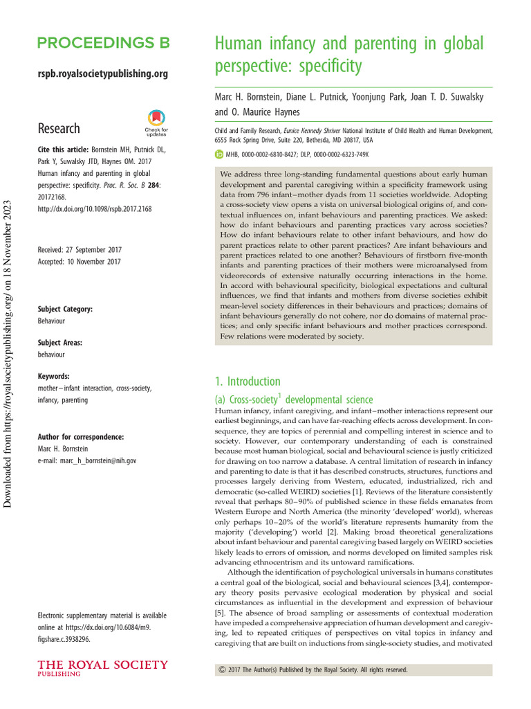 Bornstein Et Al 2017 Human Infancy and Parenting in Global Perspective ...