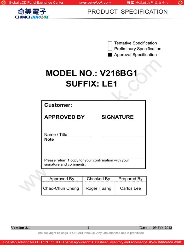 V216BG1 LE1 CHIMEIInnolux | PDF | Liquid Crystal Display | Backlight