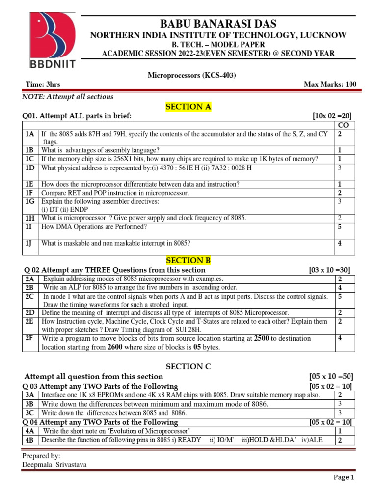 MODEL PAPER Microprocessor-KCS 403-2022 - 23 | PDF | Central Processing Unit | Computer Architecture