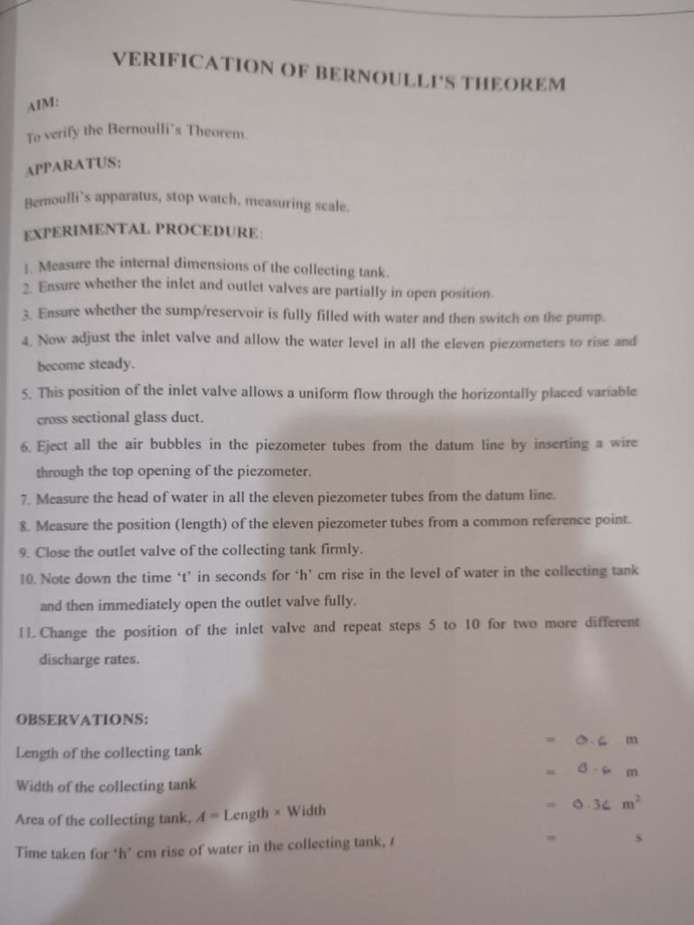 Bernoulli's Theorem Lab Experiment | PDF | Civil Engineering | Applied ...