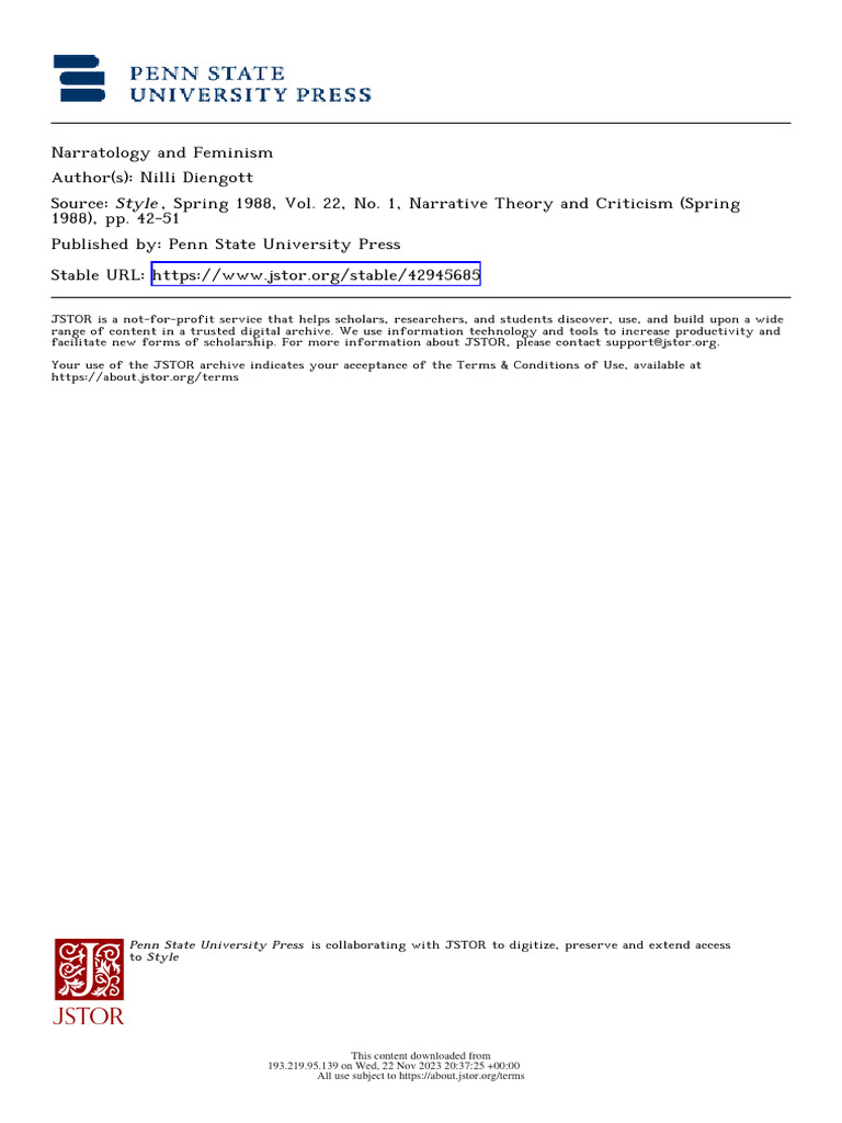 Diengott NarratologyFeminism 1988 | PDF | Narrative | Feminism
