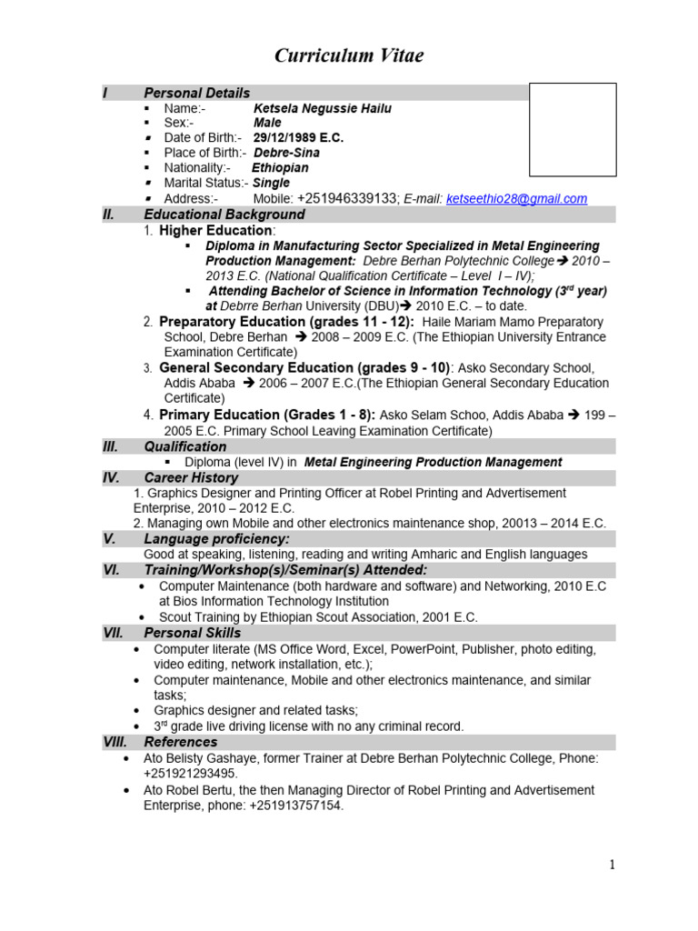 Ketsela CV | PDF | Ethiopia | Diploma