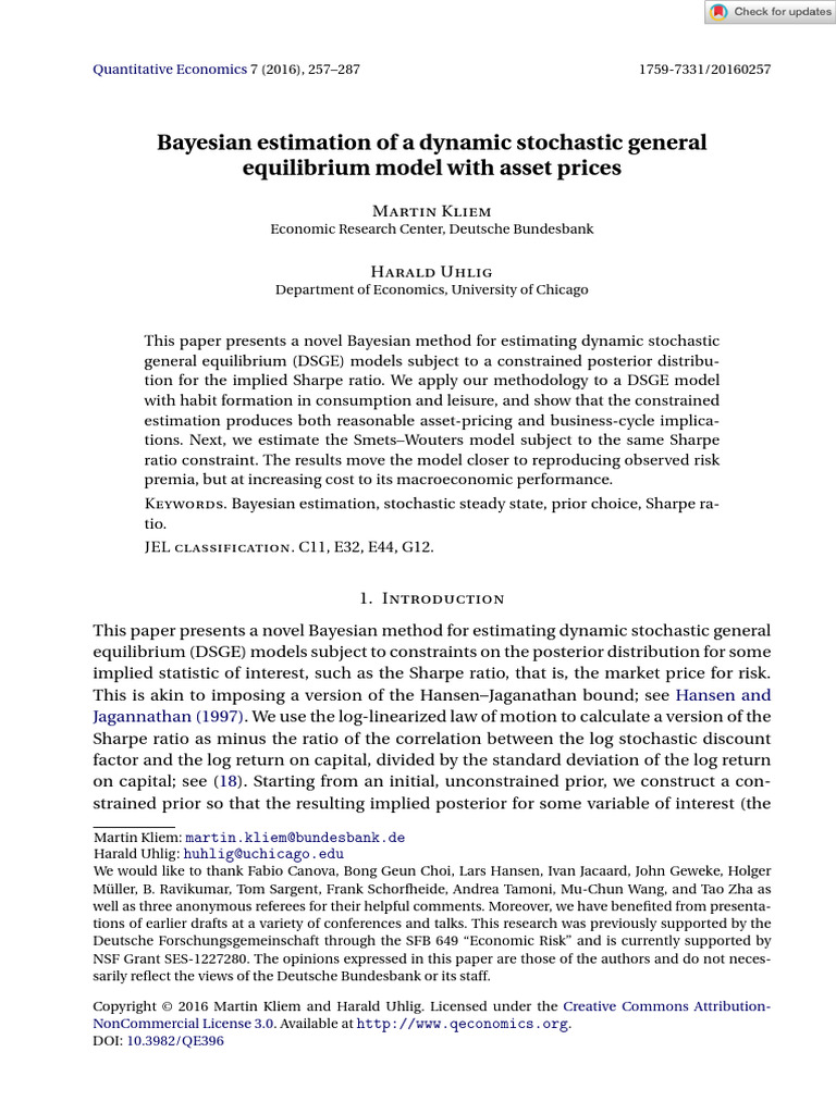Quantitative Economics - 2016 - Kliem - Bayesian Estimation of A Dynamic Stochastic General ...