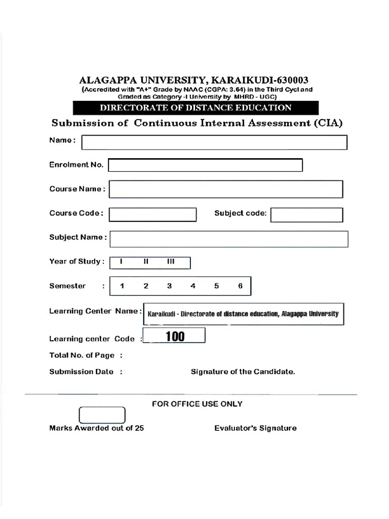 Alagappa University Karaikudi DDE Assessment Front Page | PDF