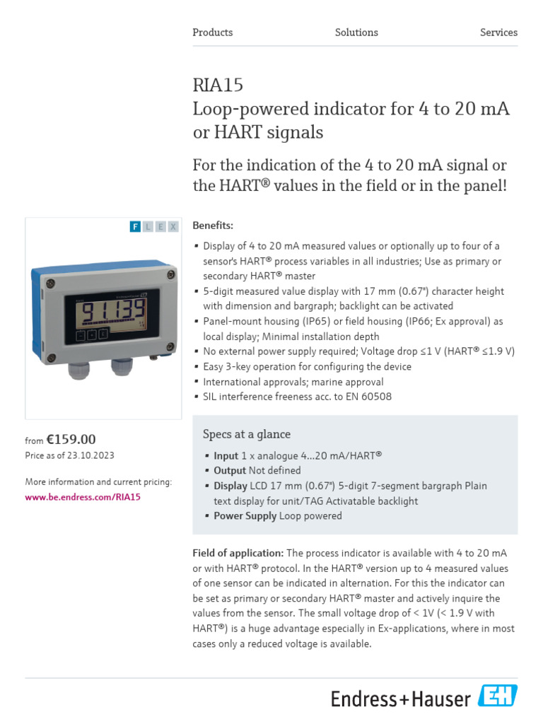 Endress-Hauser Loop Powered Process Indicator RIA15 EN | PDF | Power ...