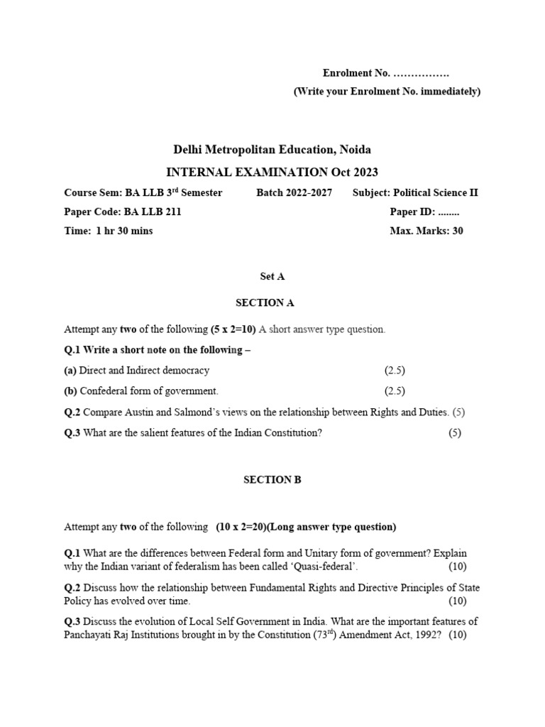 Ba LLB 211 Pol Sci II Set A | PDF
