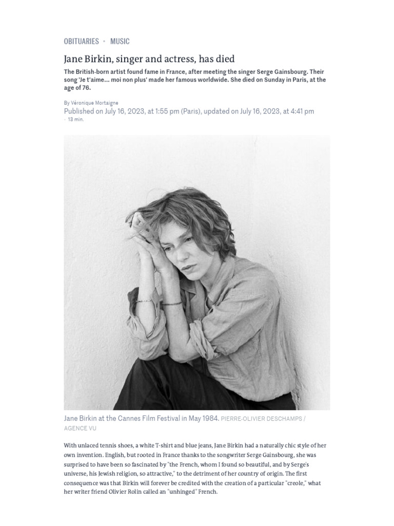 Jane Birkin, Singer and Actress, Has Died | PDF | History | Mystery ...