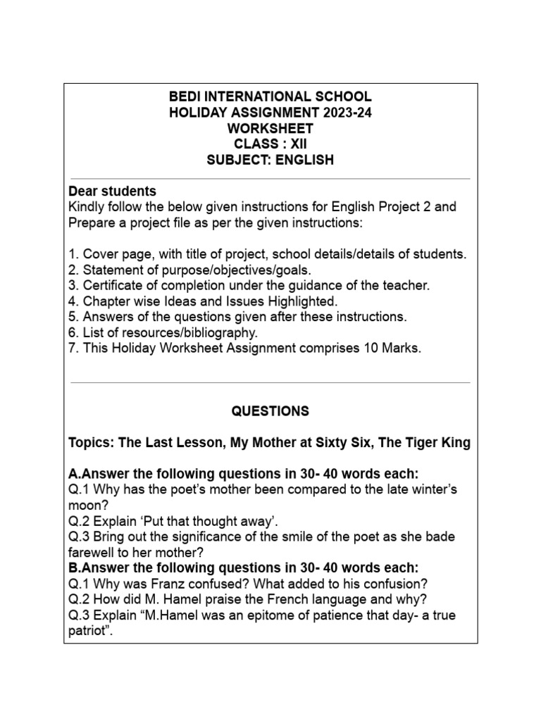English Worksheet Class Xii | PDF