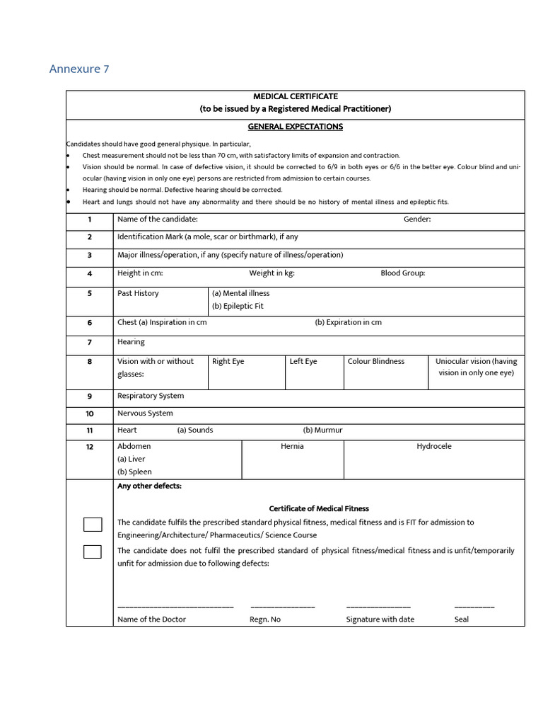 Annexure 7: Medical Certificate (To Be Issued by A Registered Medical Practitioner) General ...