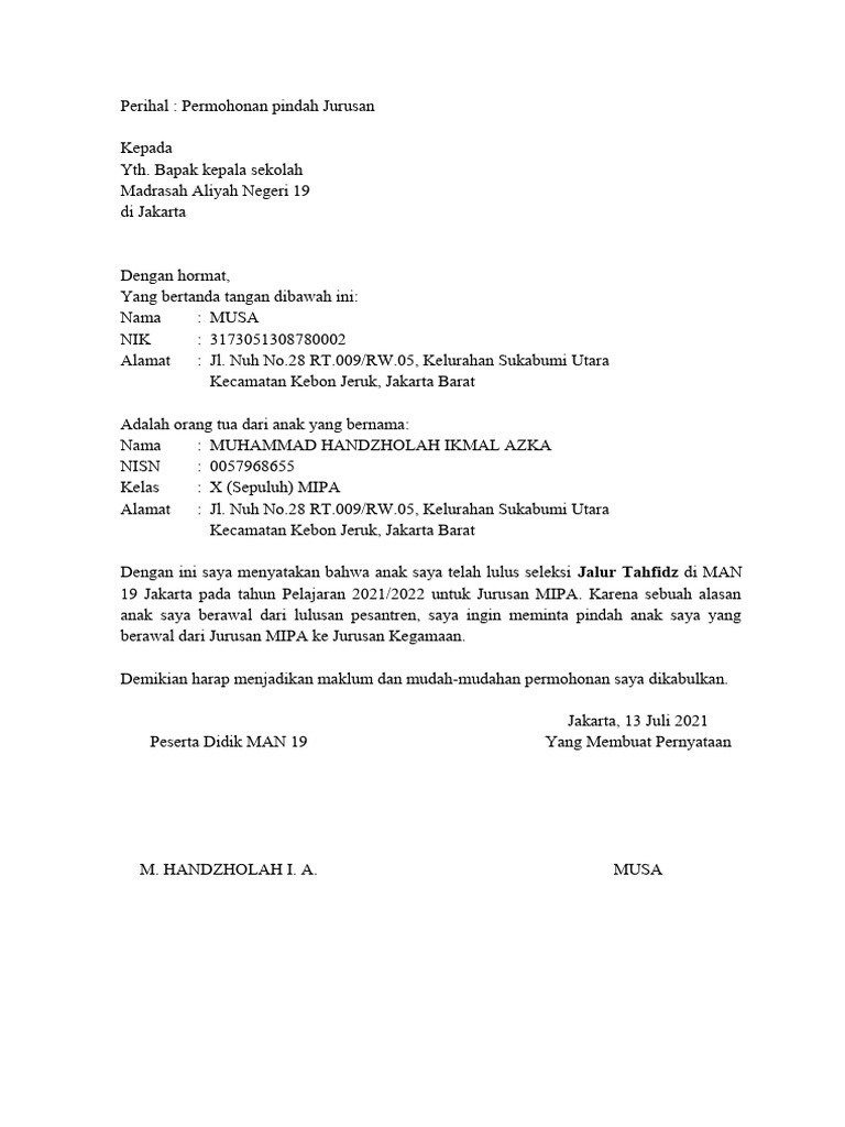 Surat Pernyataan Pindah Jurusan | PDF