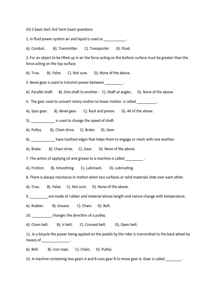 JSS 2 Basic Technology 3rd Term Exam | PDF | Gear | Belt (Mechanical)