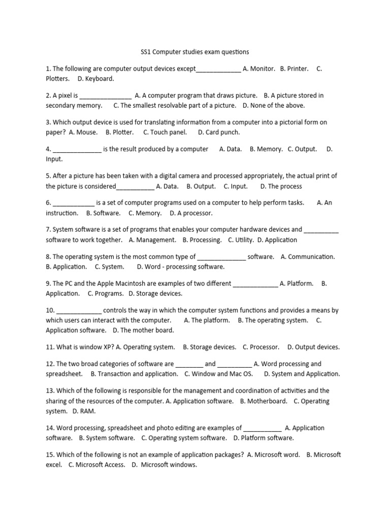 SS1 Computer Exams Questions | PDF | Software | Operating System