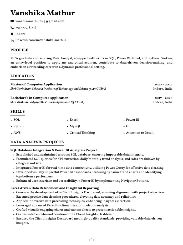 Vanshika Mathur Data Analyst | PDF | Databases | Sql