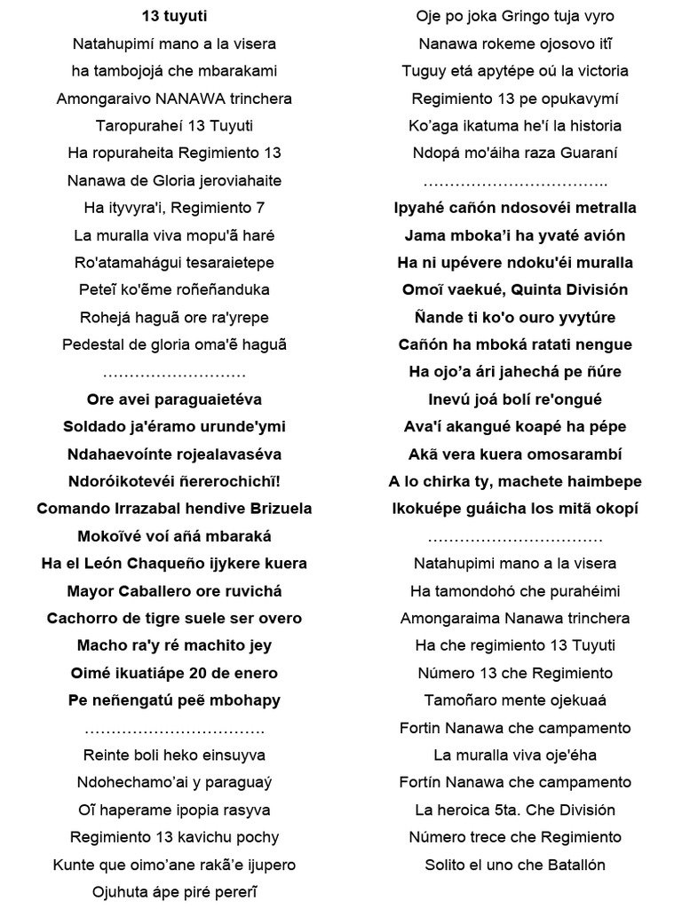 Letra de "13 Tuyuti" en Guaraní y Español | PDF