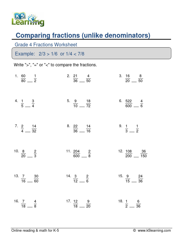Grade 4 Comparing Fractions Unlike Denominators A | PDF | Naming ...