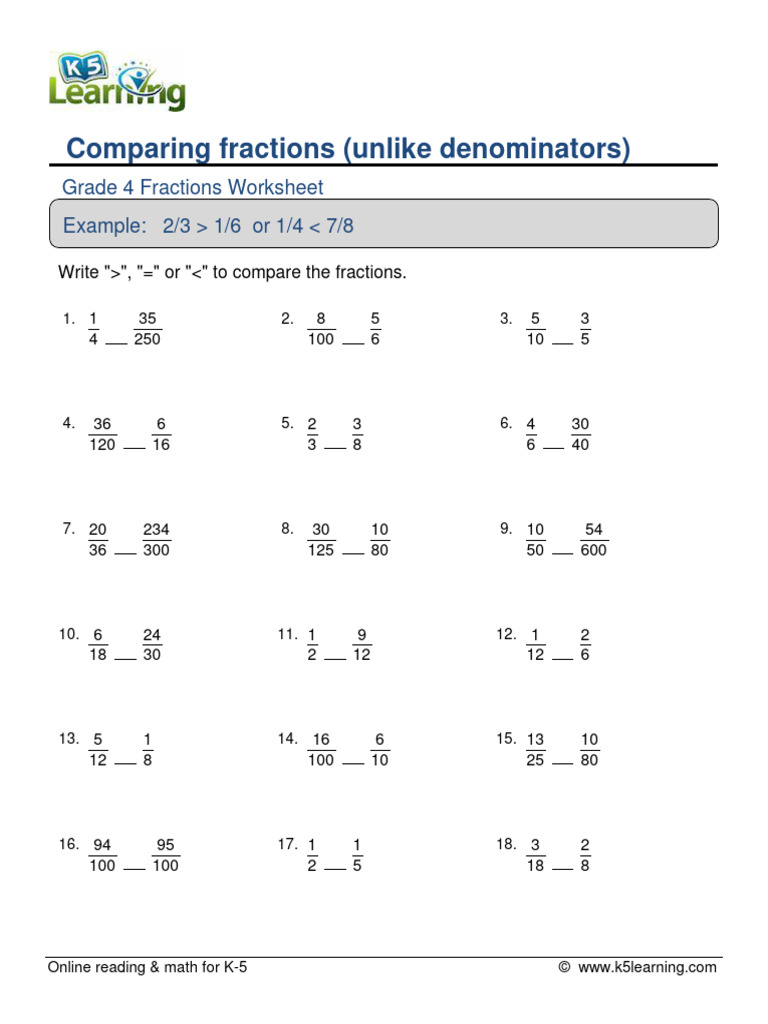 Grade 4 Comparing Fractions Unlike Denominators B | PDF | Arithmetic ...