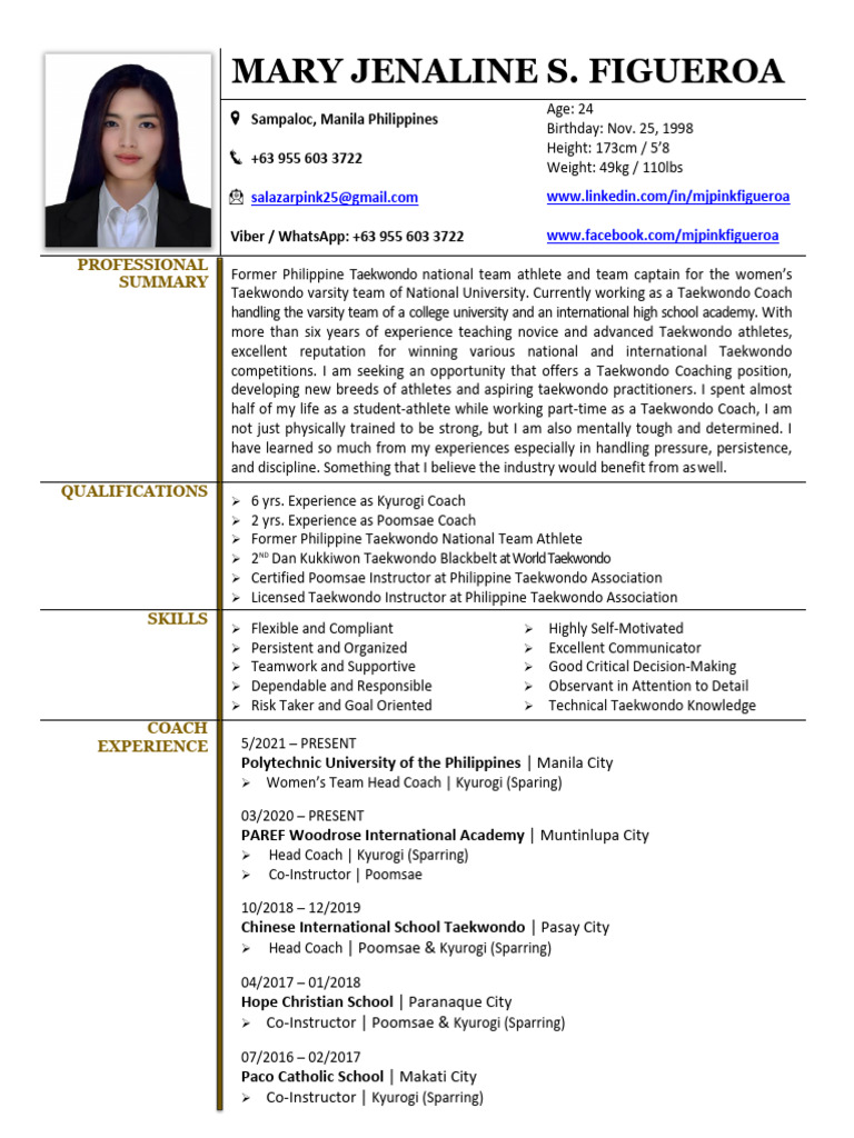 Taekwondo Coach Resume of Mary Figueroa | PDF | Taekwondo | Sports